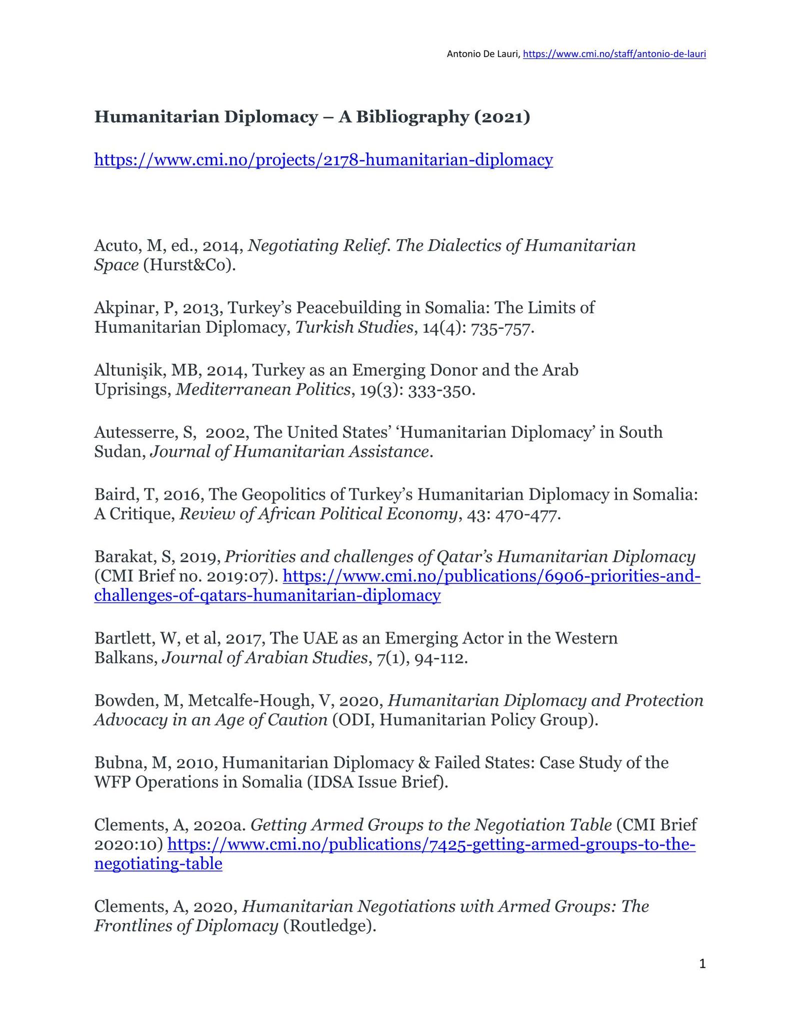 Humanitarian Diplomacy - A Bibliography