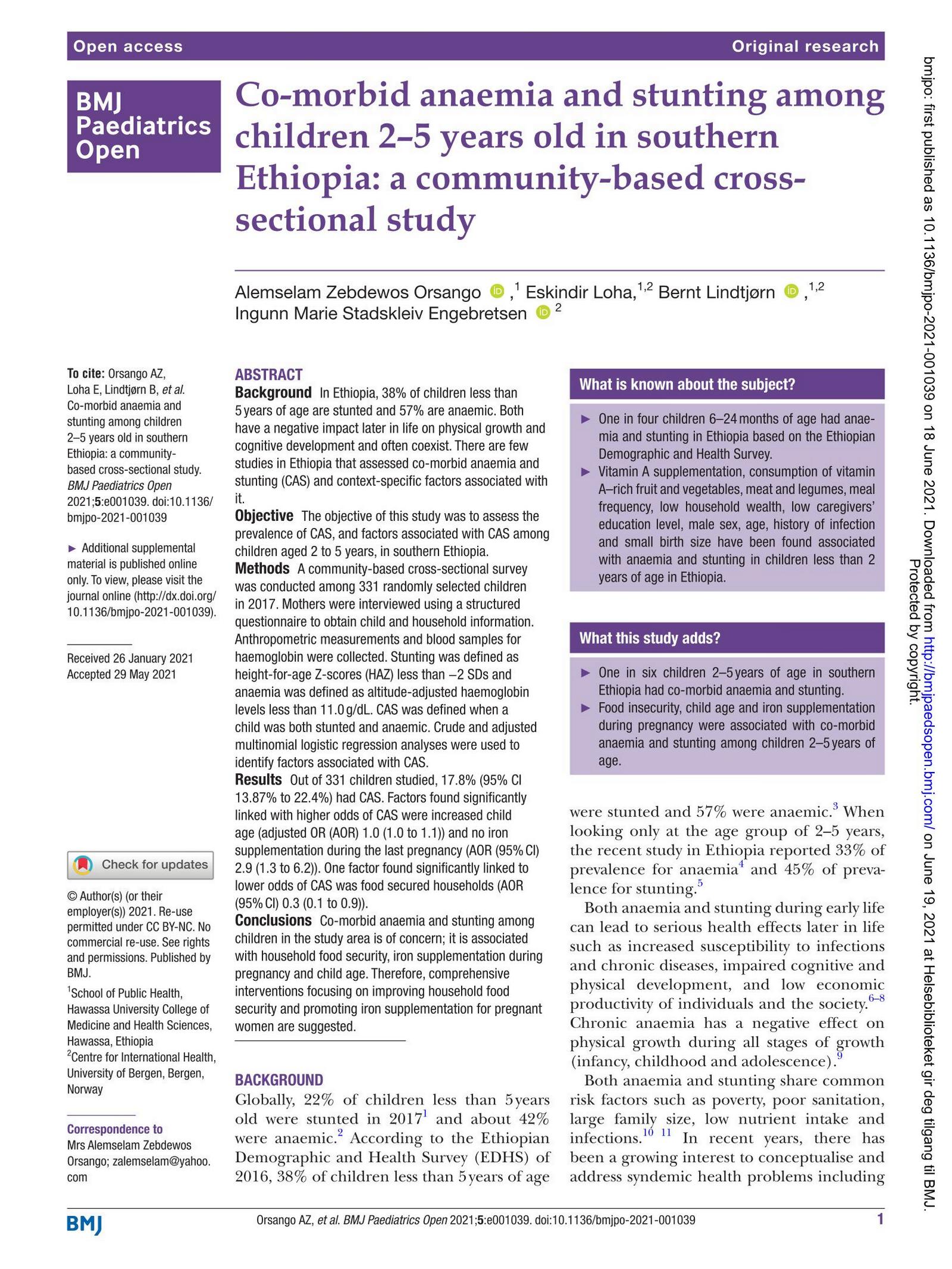 Co-morbid anaemia and stunting among children 2–5 years old in southern ...
