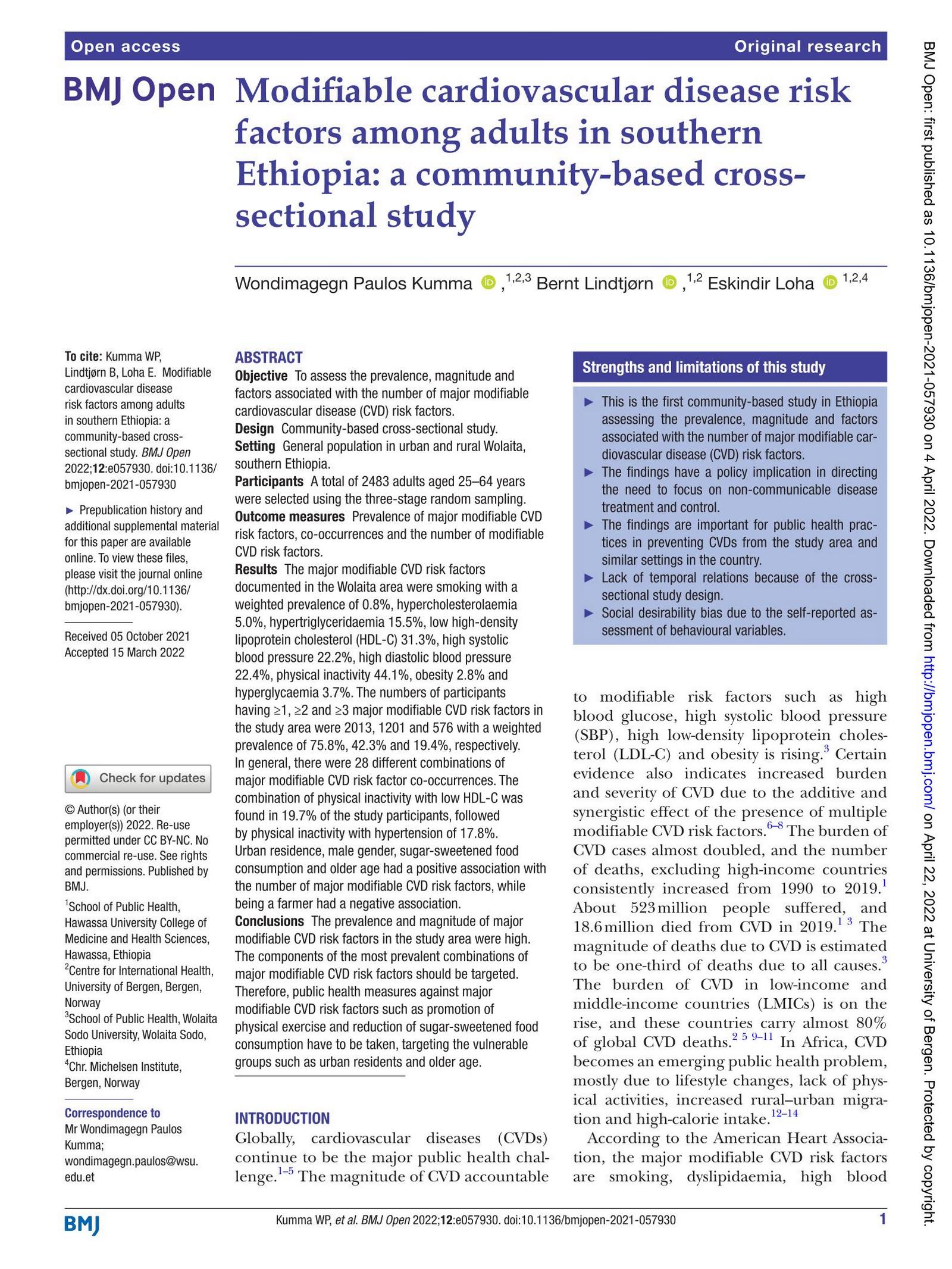 Modifiable cardiovascular disease risk factors among adults in southern ...