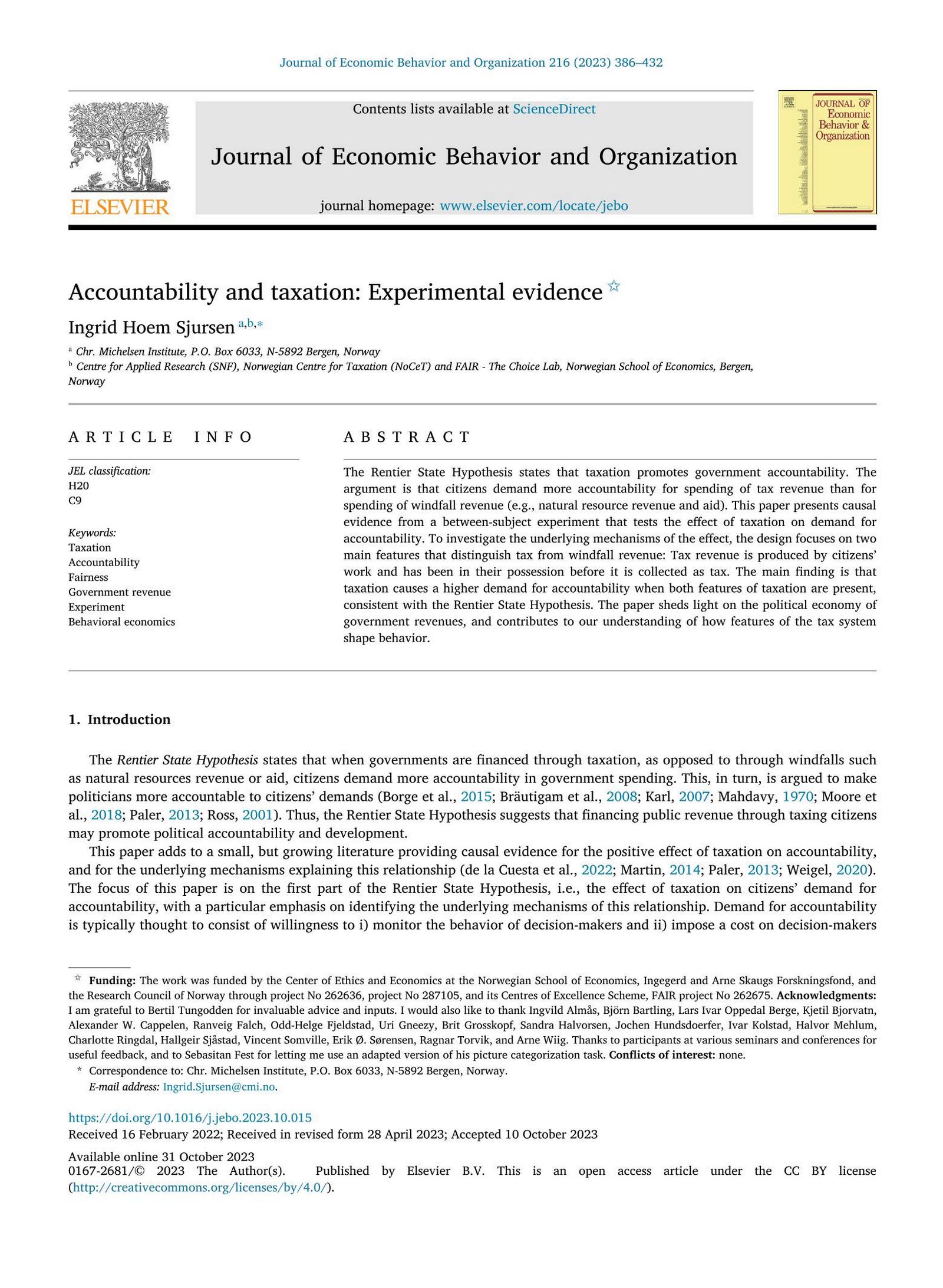 Accountability and taxation: Experimental evidence